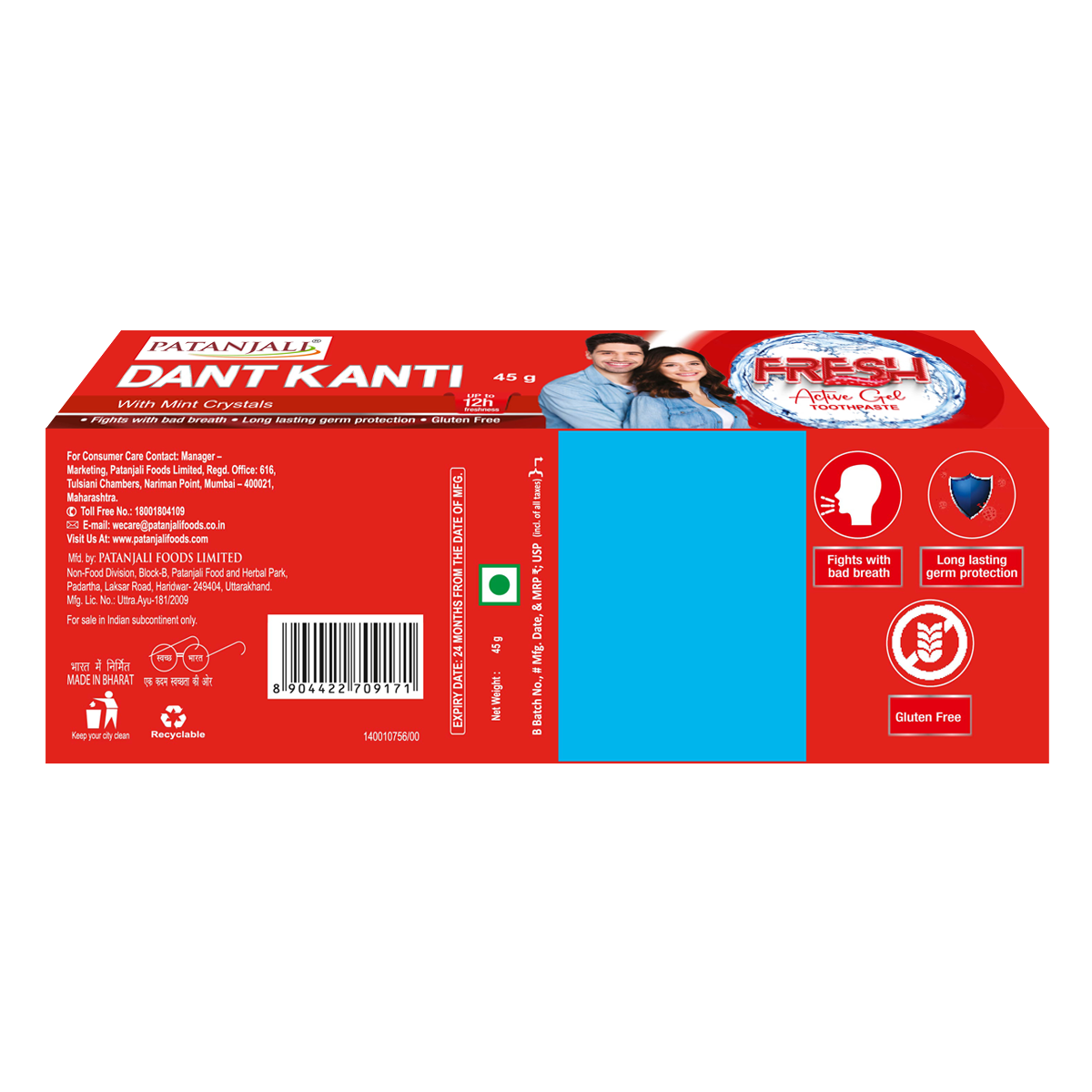 Patanjali DANT KANTI FRESH ACTIVE GEL TP-45G TO.II - Herbal toothpaste ...